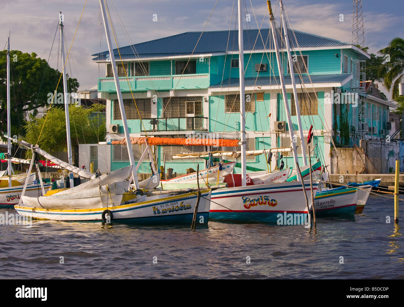 BELIZE CITY BELIZE Fishing boats moored in Belize Harbor at the mouth ...