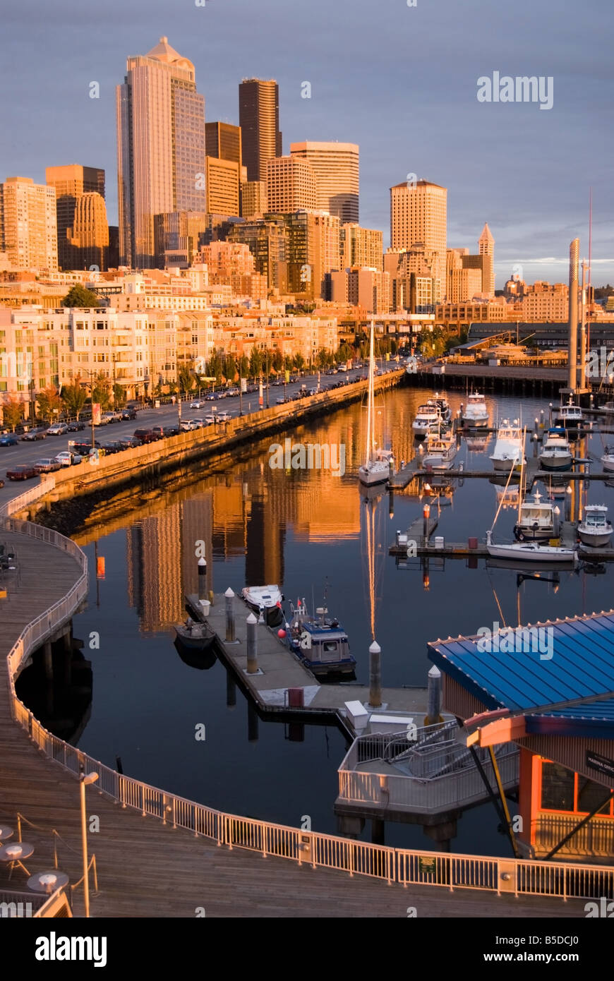 Sunset over Seattle and the Bell Harbor Marina Stock Photo - Alamy