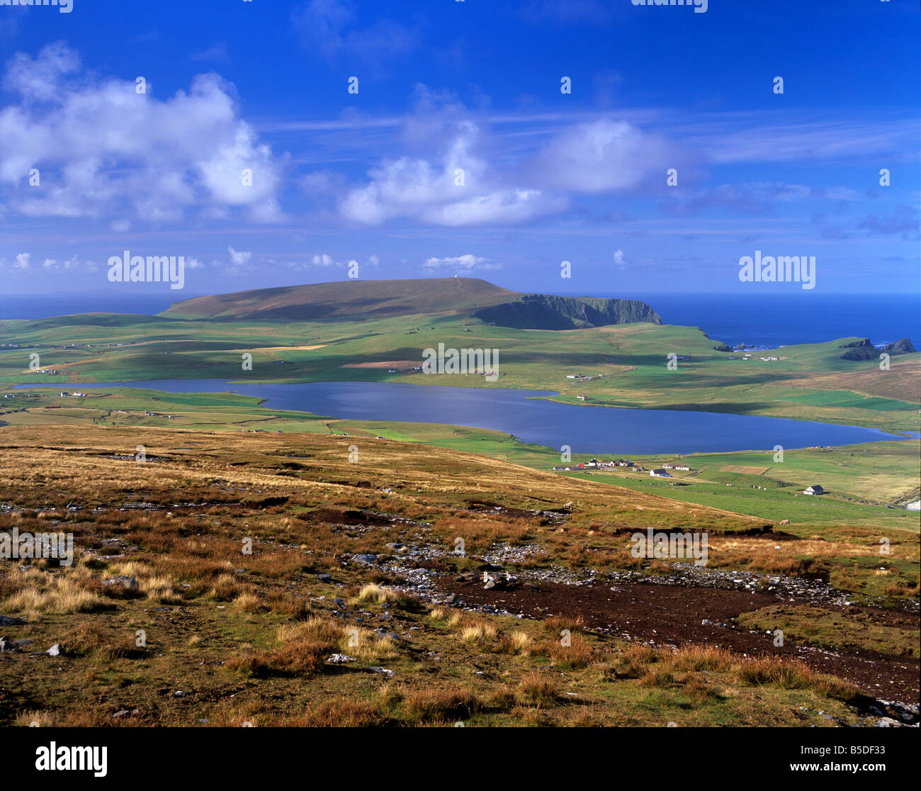 Loch of Spiggie and southwest coast of Mainland with Fitful Head on ...