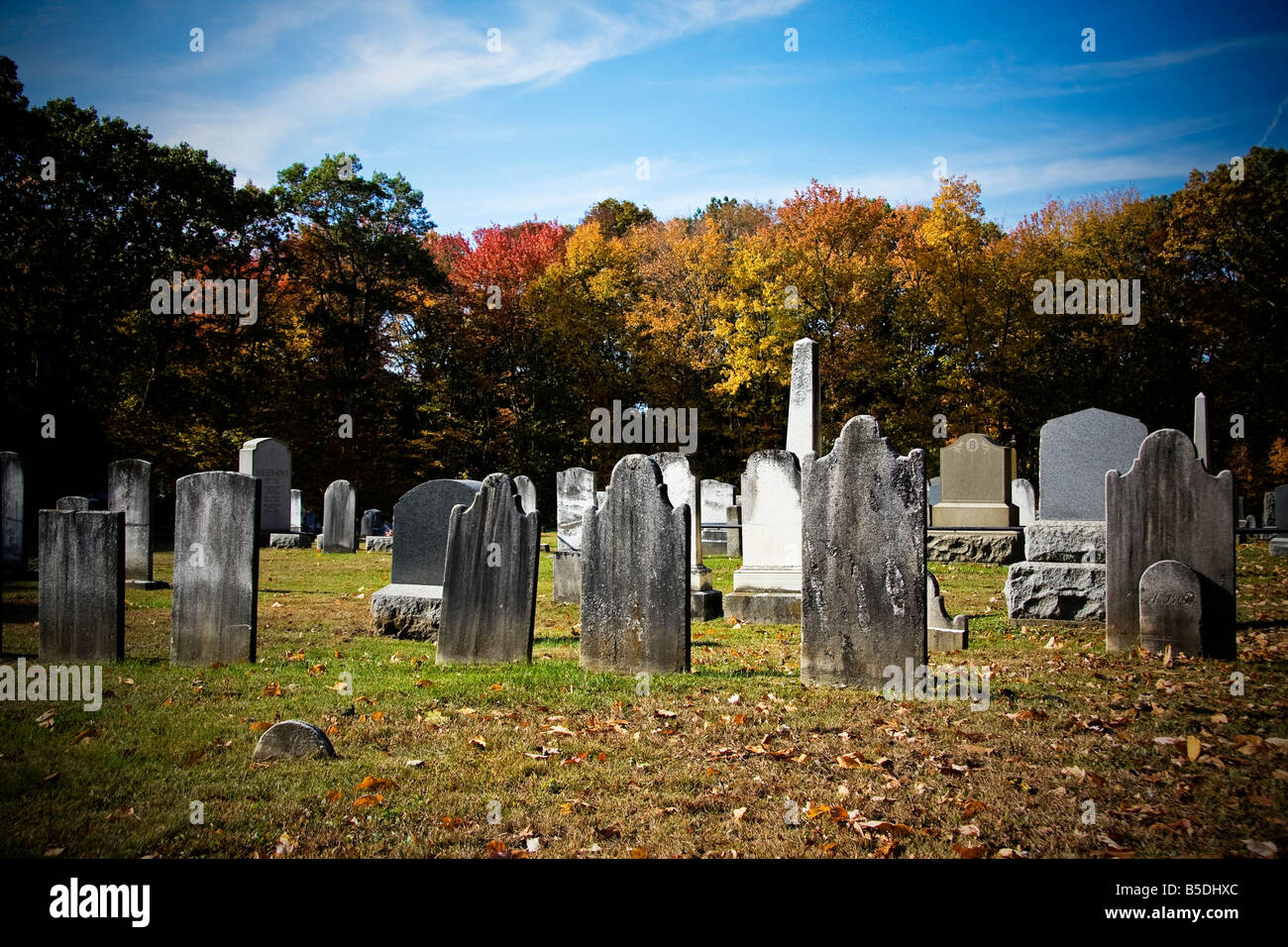 Old creepy churchyard during autumn season in high contrast color Stock ...