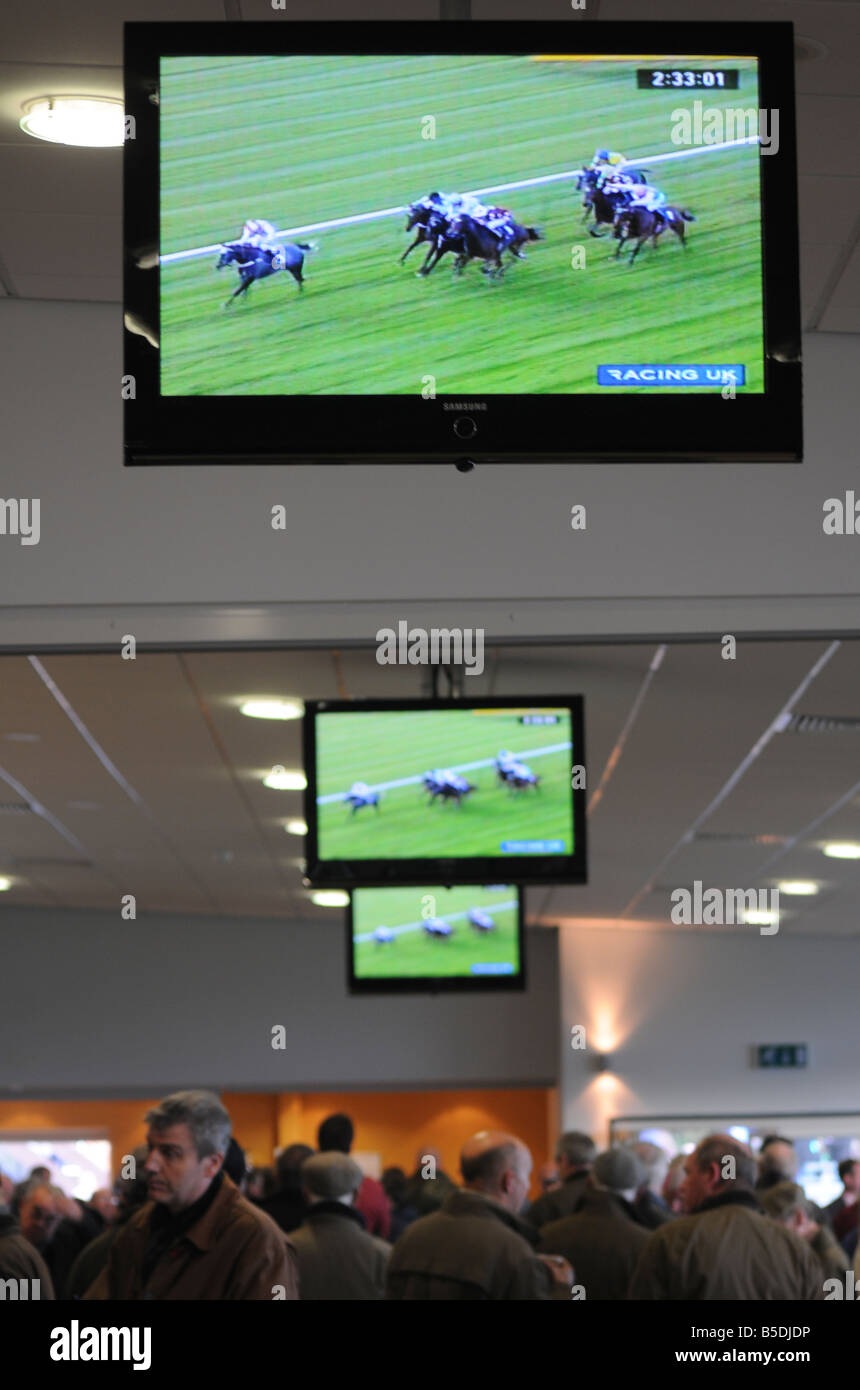 Overhead TVs showing racing in the Bramham Hall facility at Wetherby ...