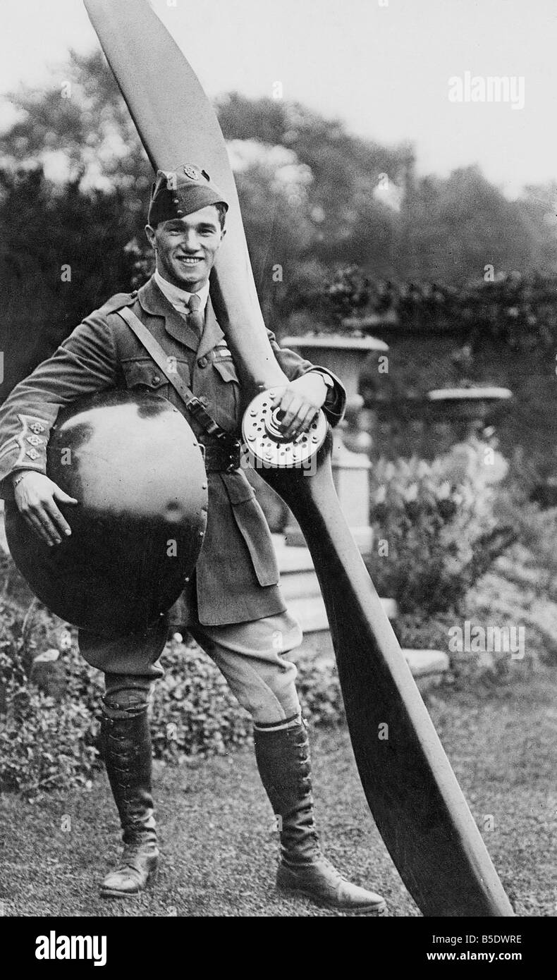 Captain Albert Ball VC of the Royal Flying Corps in World War One holding aircraft propellor and ...