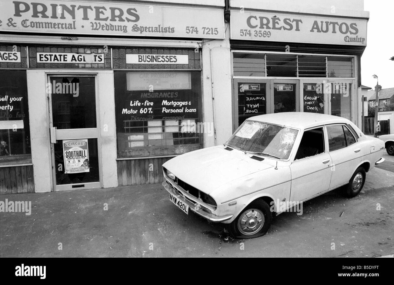Southall Riots: General scenes of destruction in Southall after a riot ...