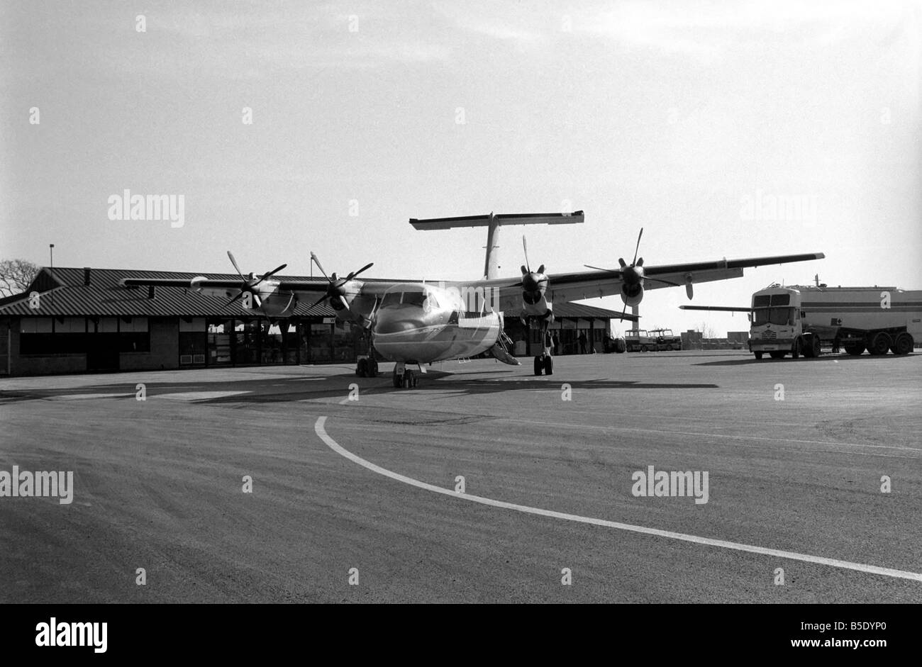 A Brymon airlines Dash 7 aircraft at London City Airport. February 1987 ...