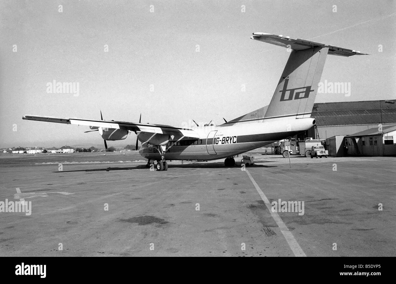 A Brymon airlines Dash 7 aircraft at London City Airport. February 1987 ...