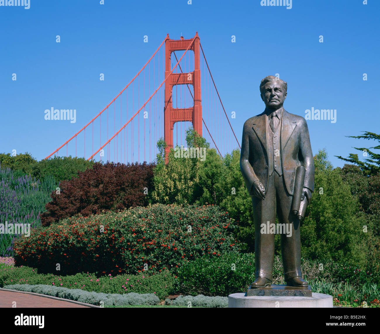 Statue of Joseph B Strauss who built the Golden Gate Bridge with the ...