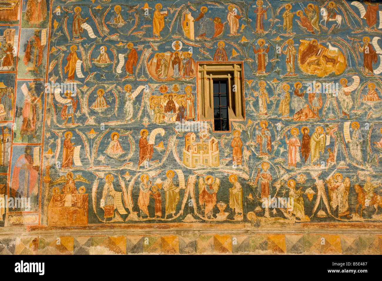 the exterior wall of Voronet Painted Monastery Southern Bucovina north ...