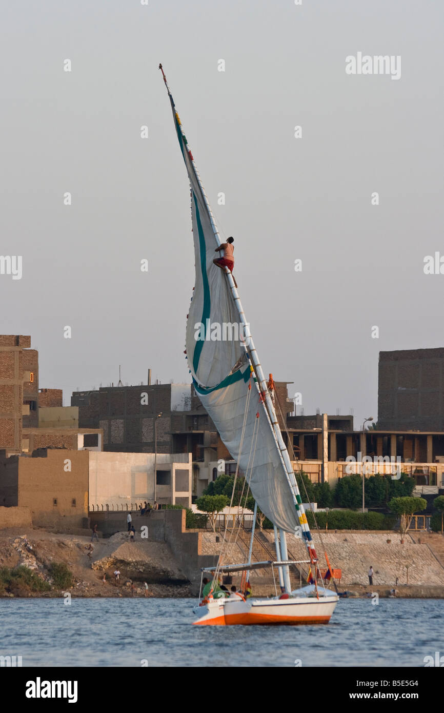 Lowering the Sail on a Felucca Sailboat on the Nile River in Luxor ...