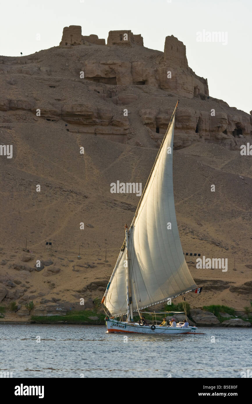 Felucca Sailboat on the Nile River in front of Gharbi Aswan or West ...