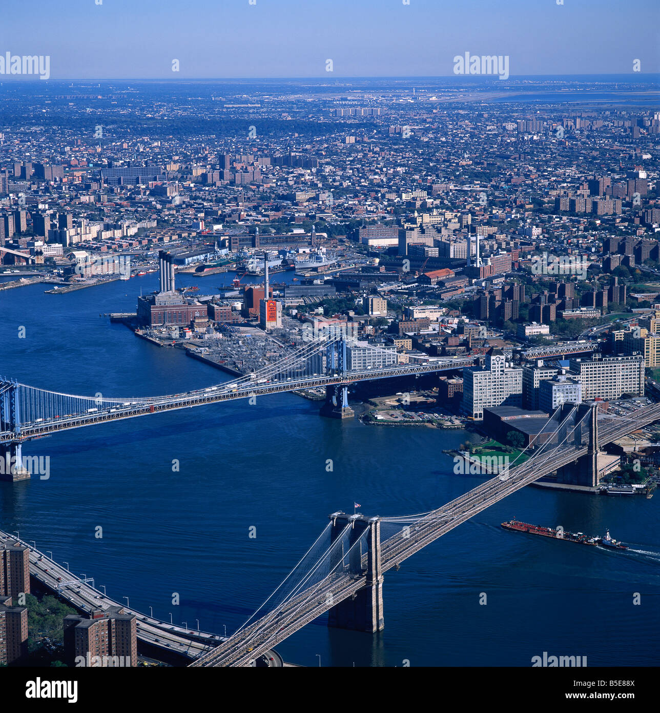 Aerial view over Brooklyn Bridge nearest and the Manhatten Bridge from ...