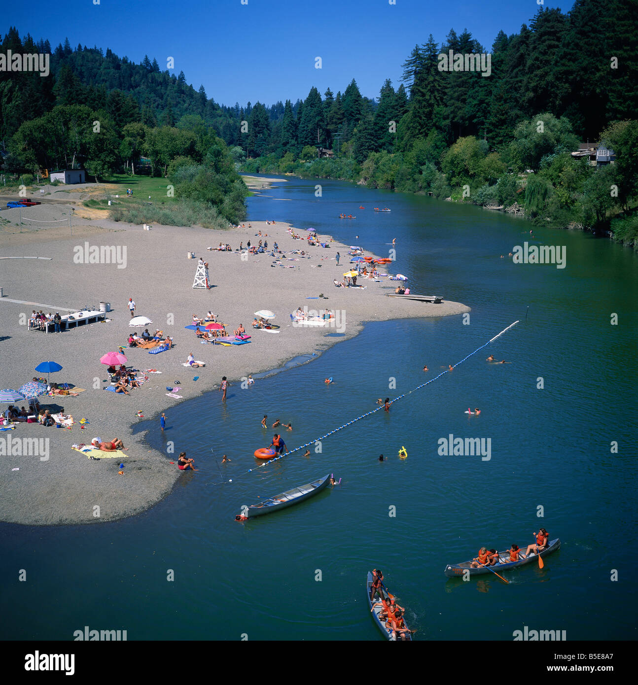 Aerial view over people boating and paddling in the Russian River at ...