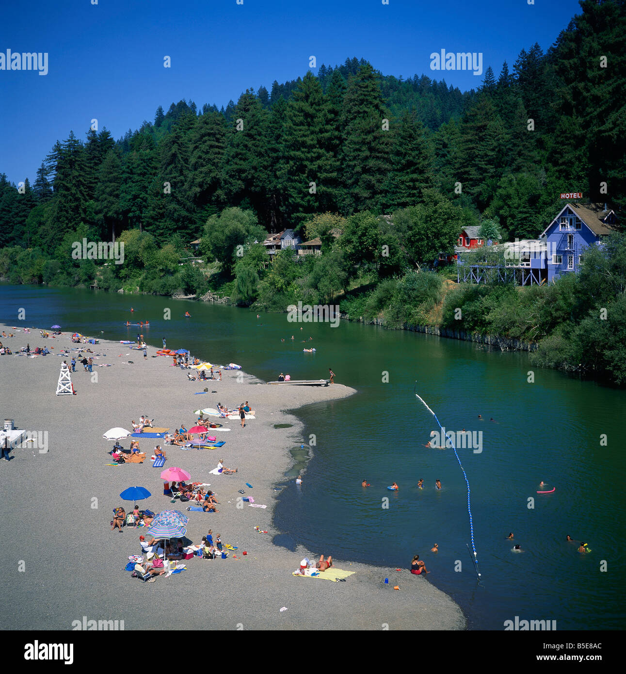 Aerial view over people boating and swimming in the Russian River at ...