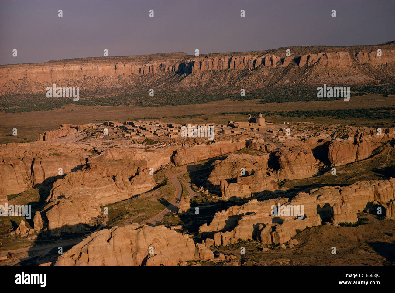 Aerial view over the village of Acoma Pueblo, in rocky landscape at ...