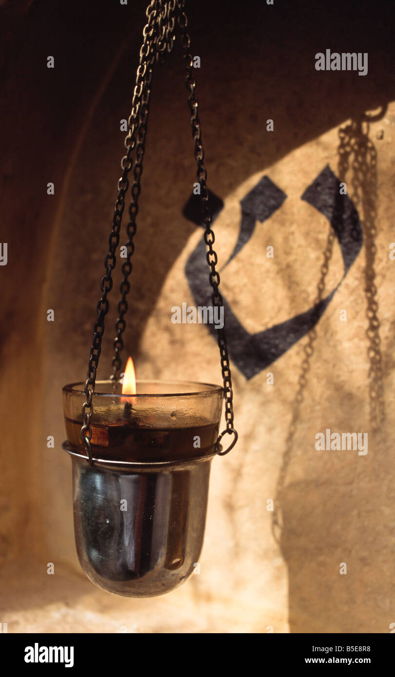 Sanctuary lamp in the jewish synagogue in the old town of Chania Crete ...