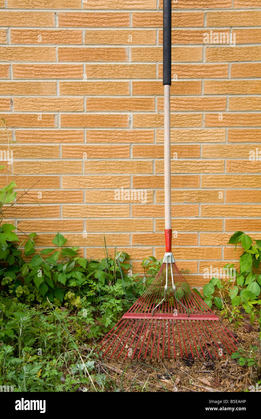 Rake with weeds against a brick house wall Stock Photo - Alamy