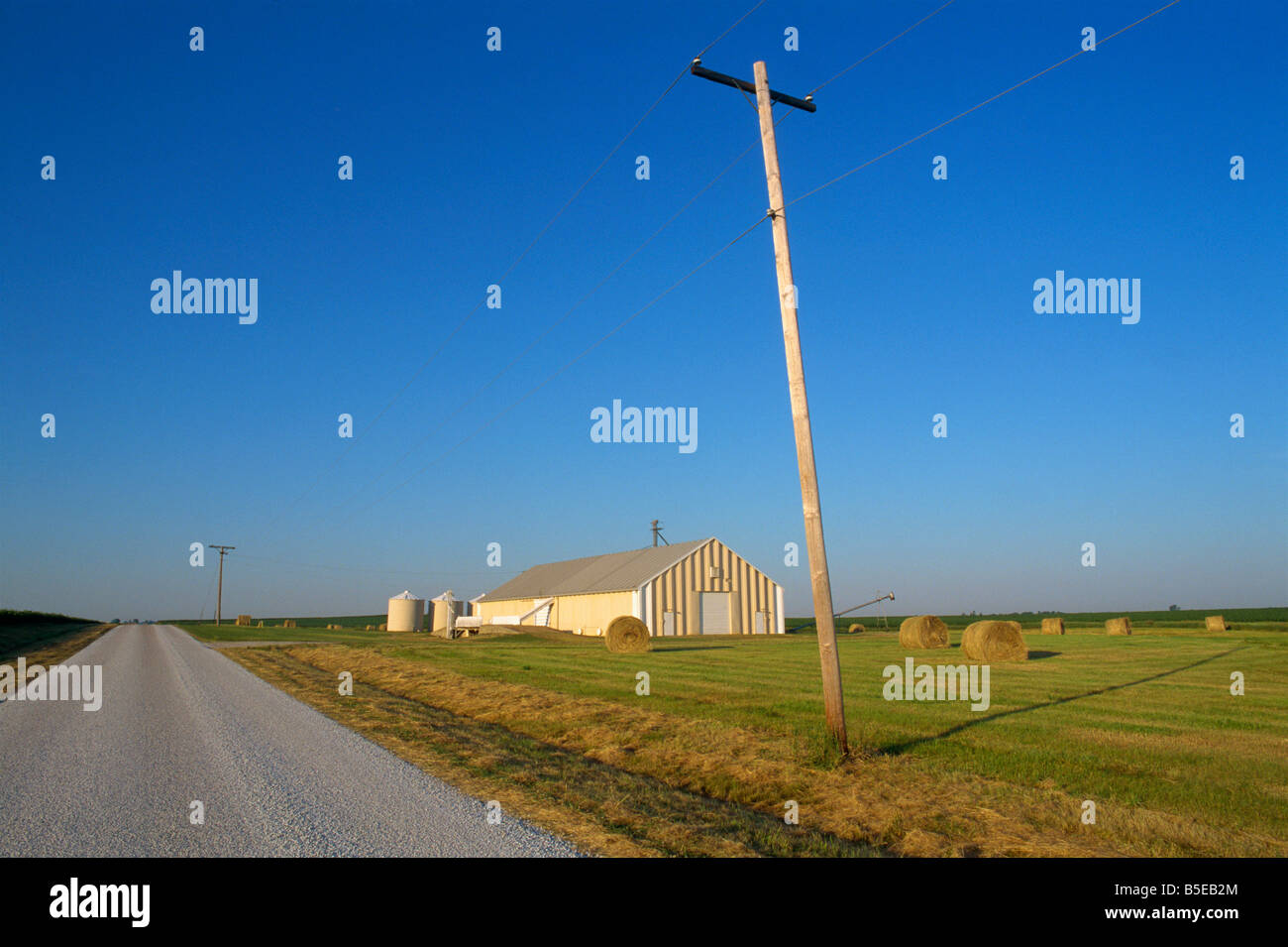 Telegraph pole and flat farm landscape with barn in Hudson Midwest ...