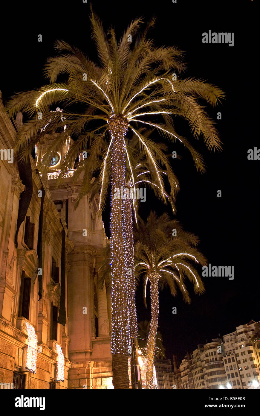 Clock Tower and Christmas lights on street in Valencia Spain Stock ...