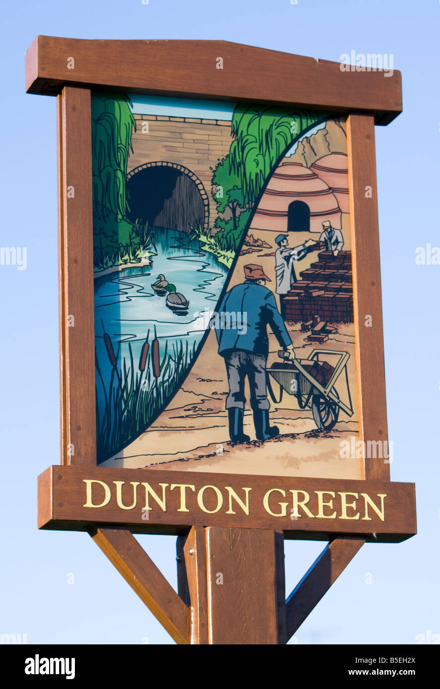 Village sign, Dunton Green Kent, UK. Showing tradition of brick making ...