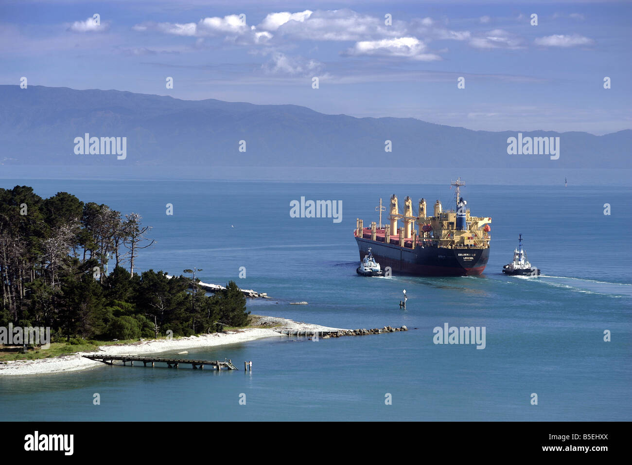A ship navigates The Cut as it leaves Port Nelson New Zealand Stock ...