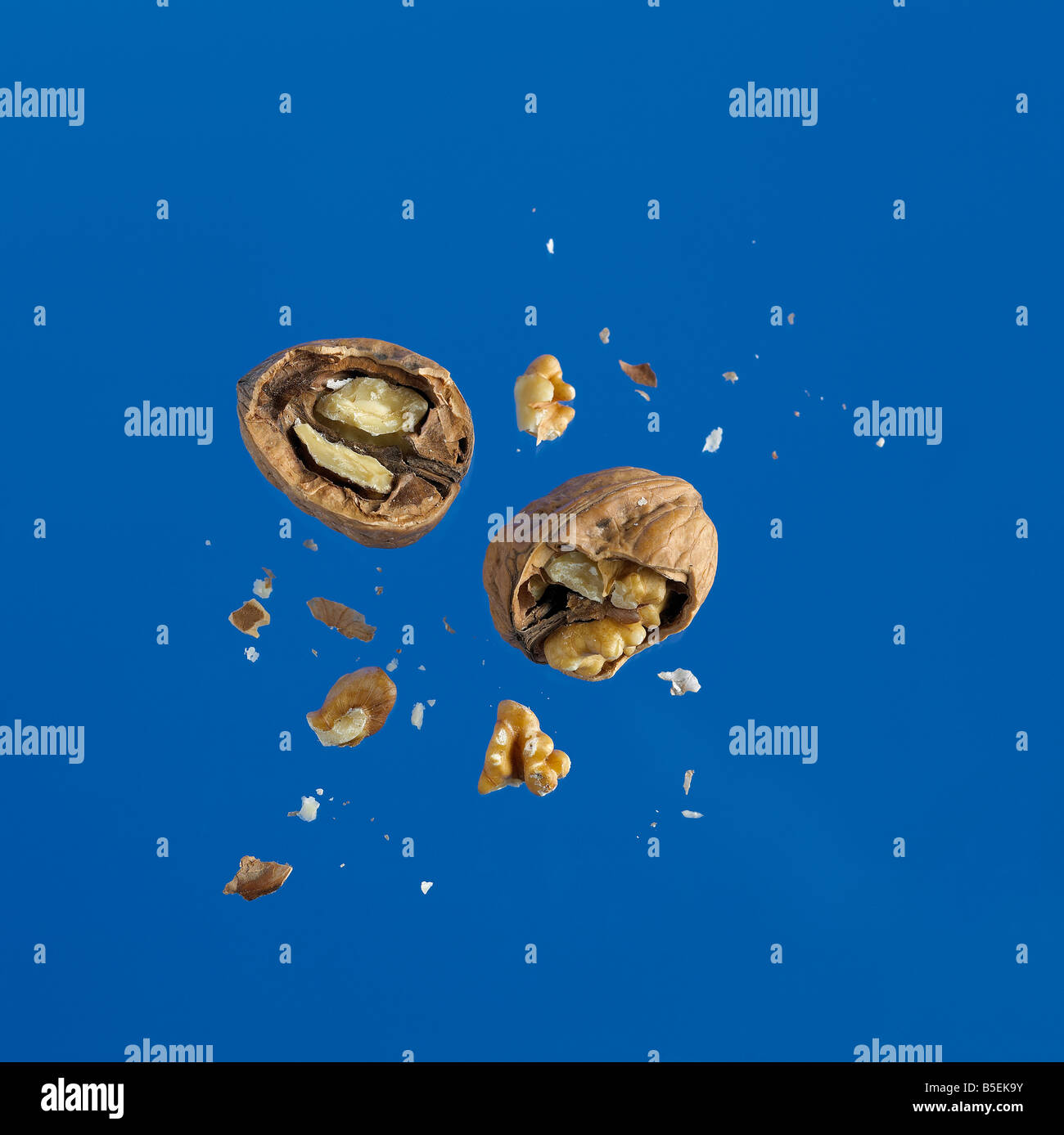 crushed walnut on blue background Stock Photo - Alamy