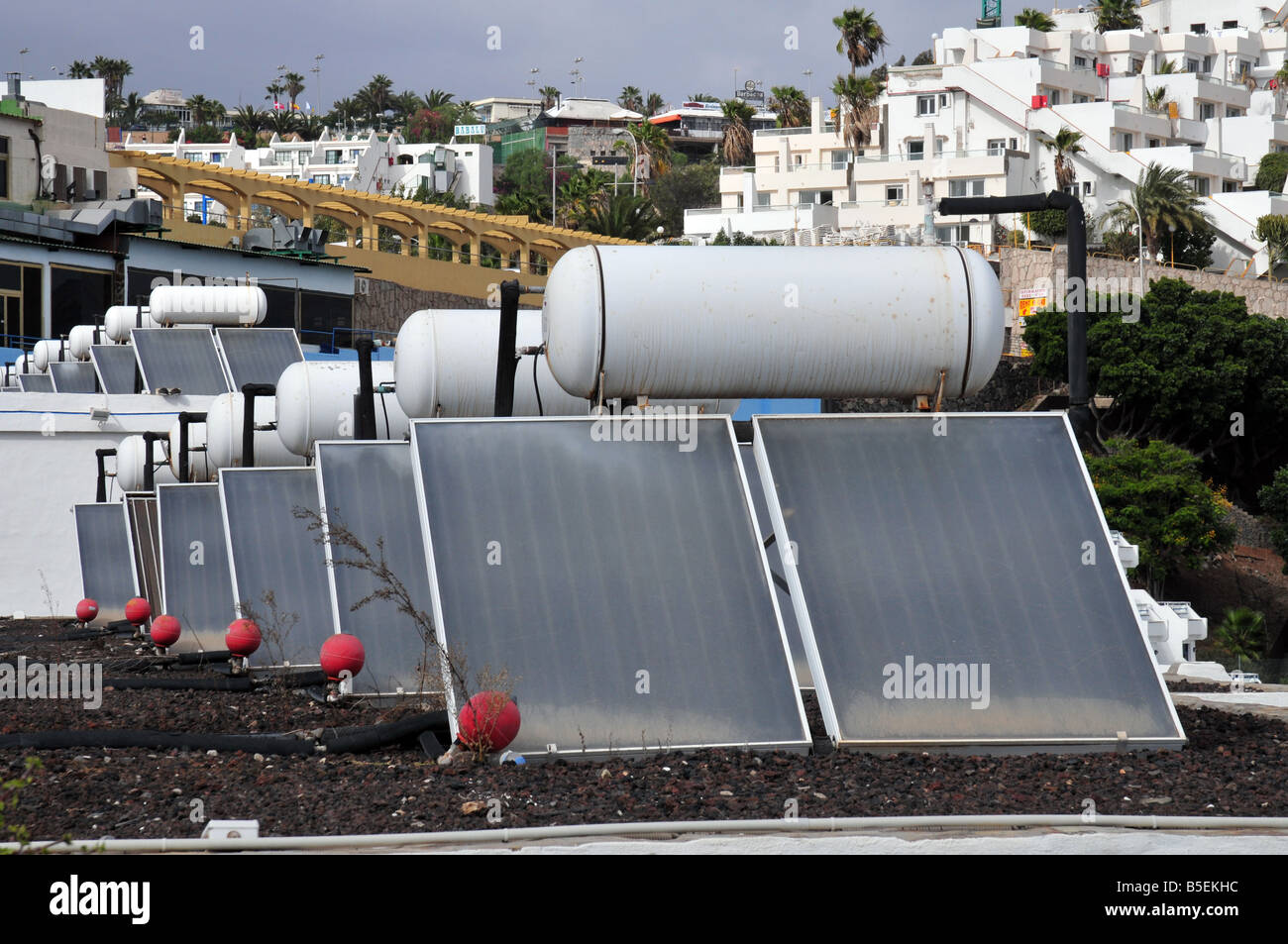 Solar panels erected on a hotel fooftop at Gran canaria Stock Photo - Alamy