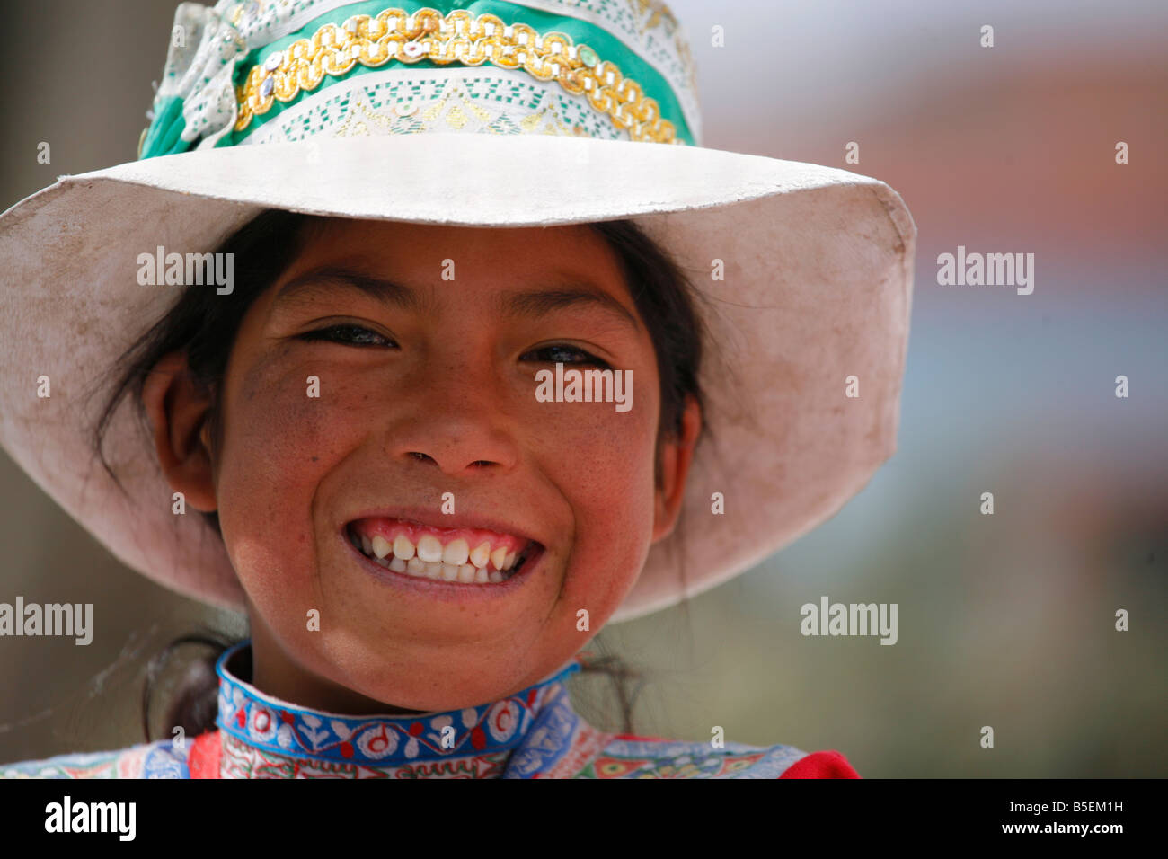 Smiling Quechua child in Chivay Village, Colca Canyon,Peru Stock Photo ...