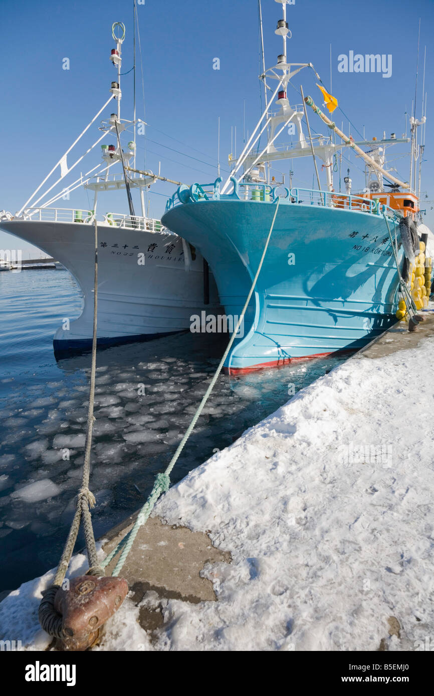 Shiretoko Peninsula Hokkaido Island Japan Bows of ice fishing boats ...