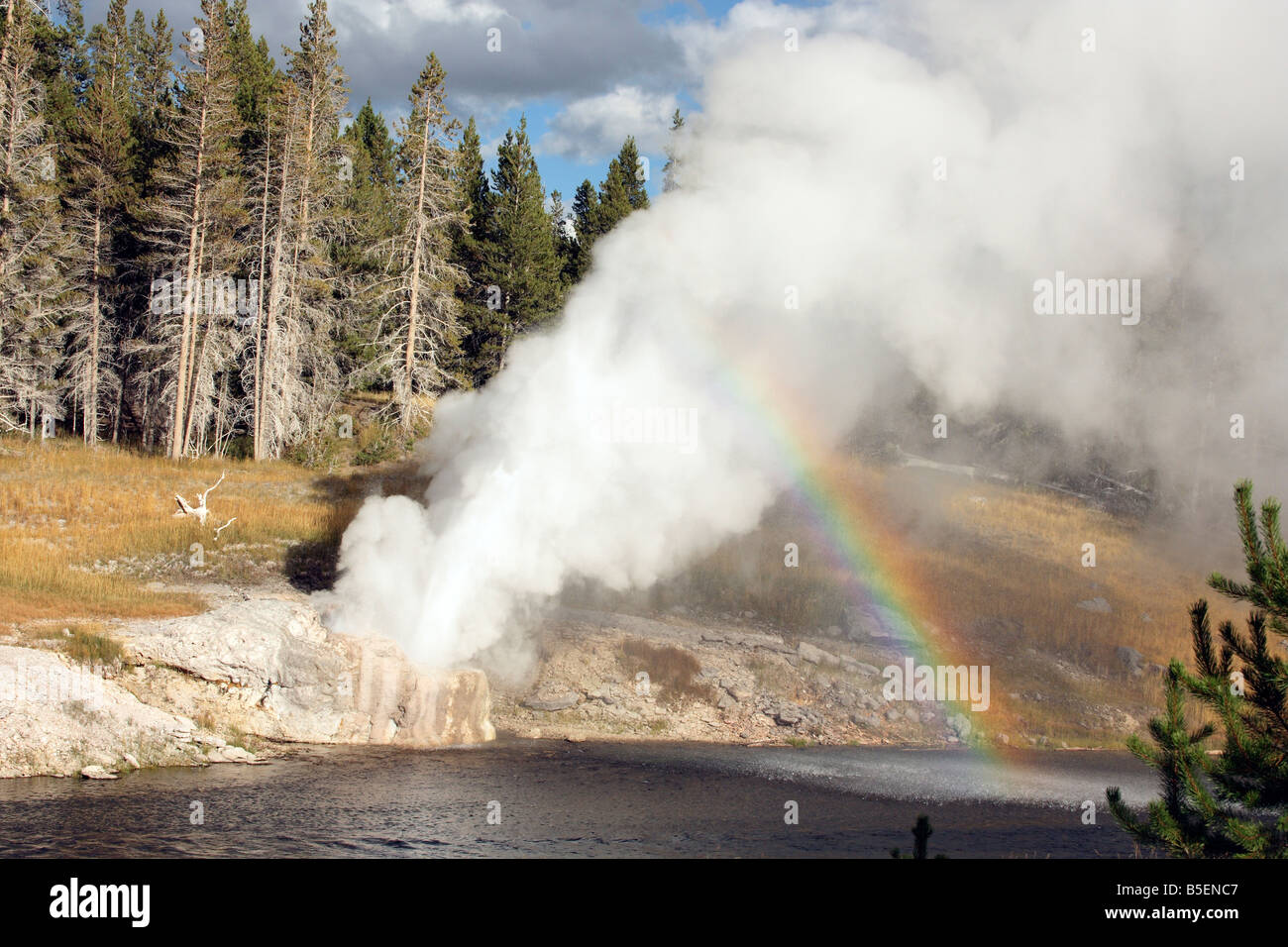 Yellowstone national park geyser with rainbow,USA Stock Photo - Alamy