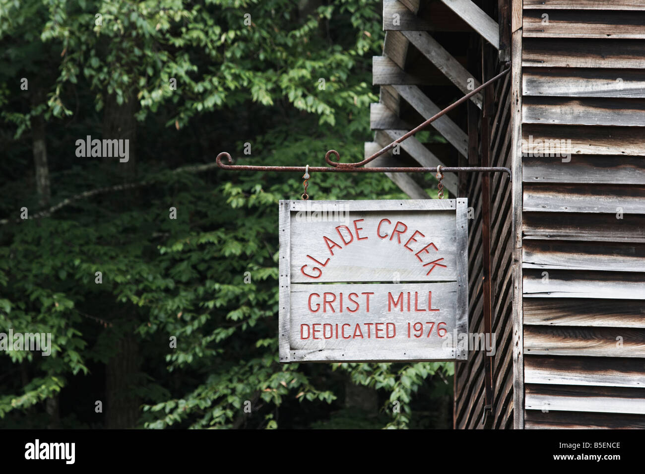 Sign hanging at the door of the Glade Creek Grist Mill in Babcock State ...