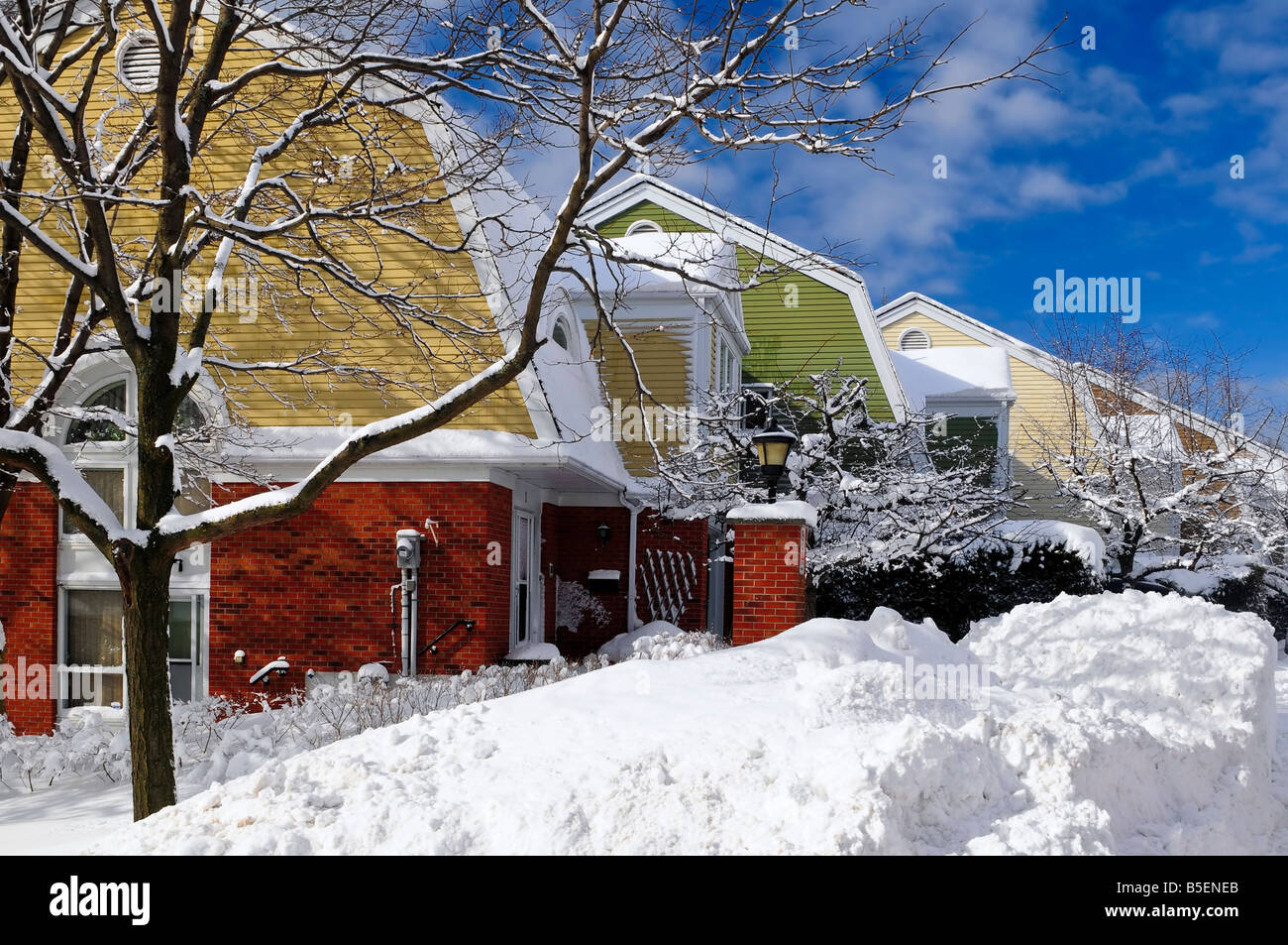 Winter street with lots of snow and colorful houses in Toronto Stock ...
