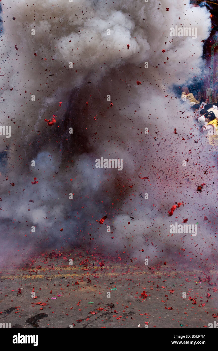 Exploding fireworks at the Mazu, Goddess of the Sea, pilgrimage ...