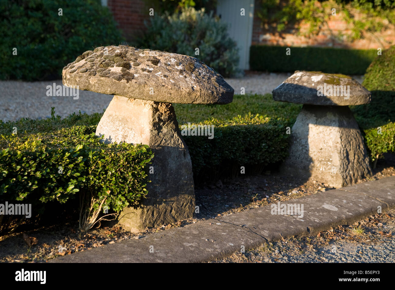 A pair of mushroom shaped staddle stones outside a house in Great ...
