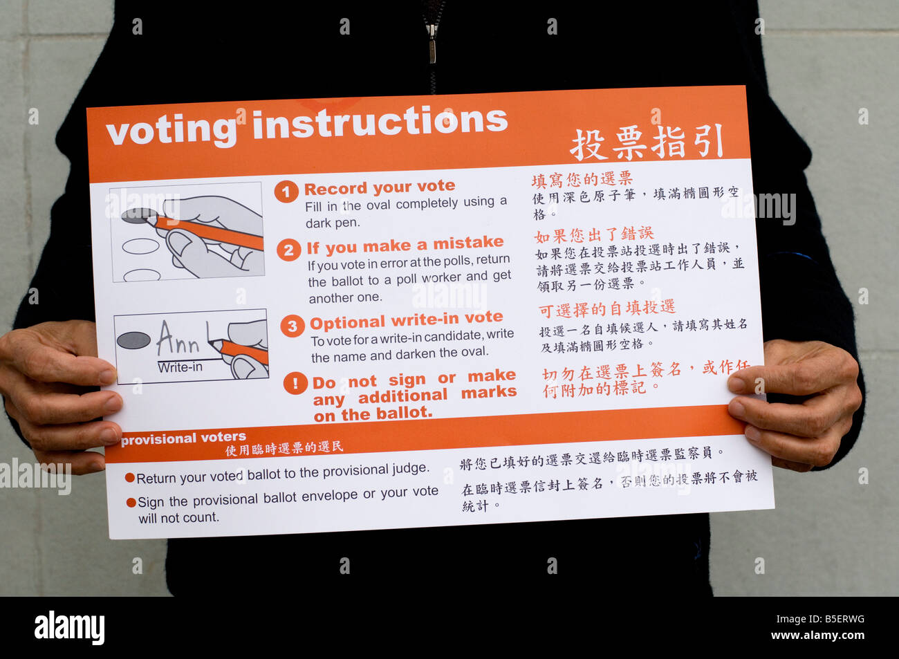 Voting instructions chart held by an American voter on November the 4th ...