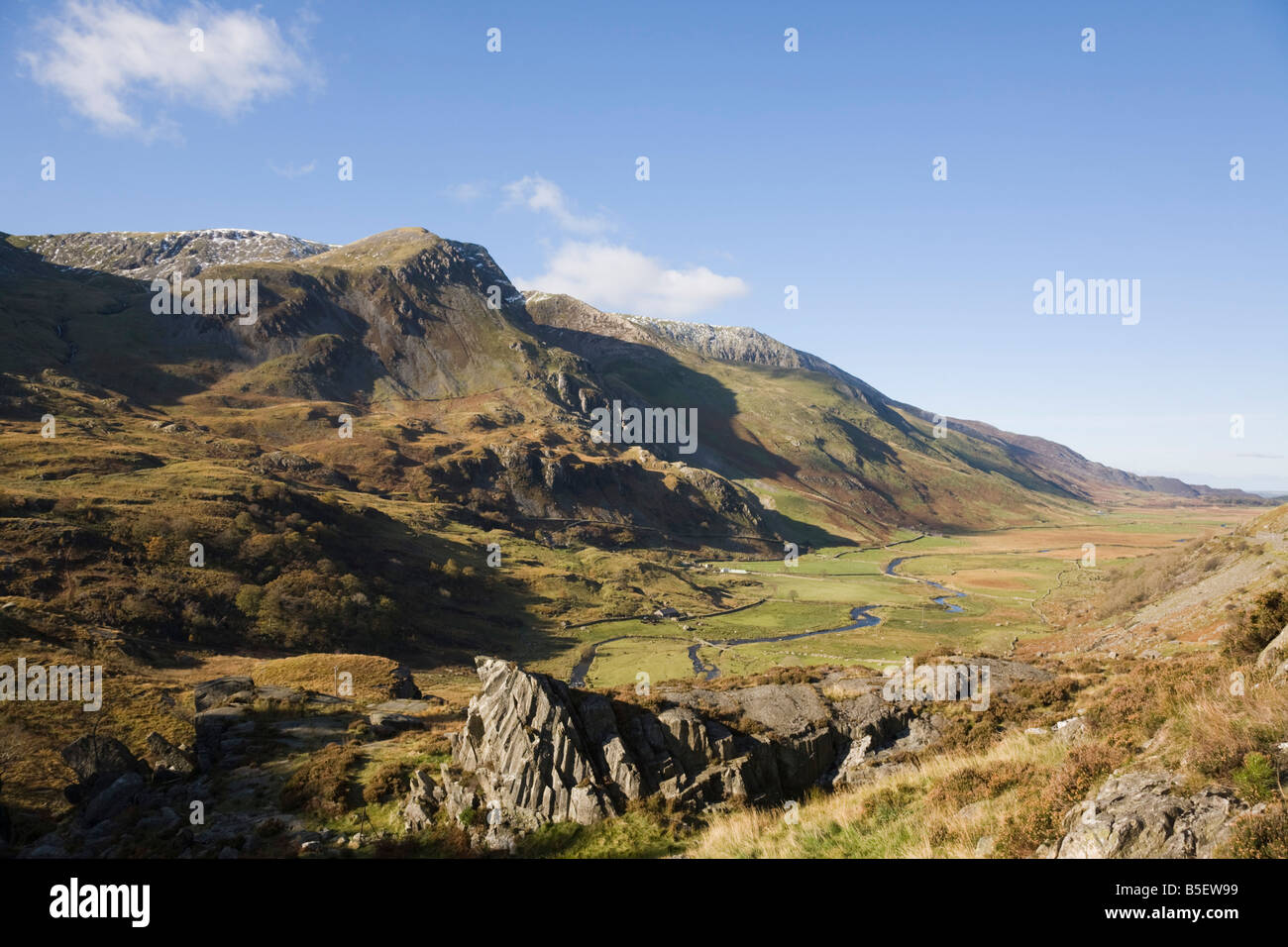 View down Nant Ffrancon valley flanked by mountains in Snowdonia ...