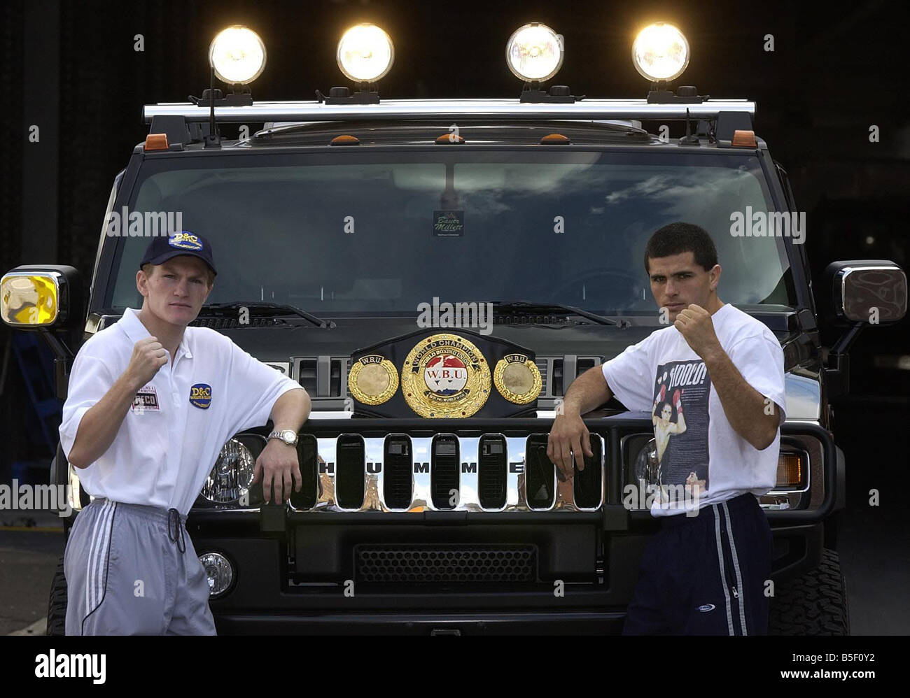 Ricky Hatton and Aldo Rios seen here standing in front of Hummvee car ...