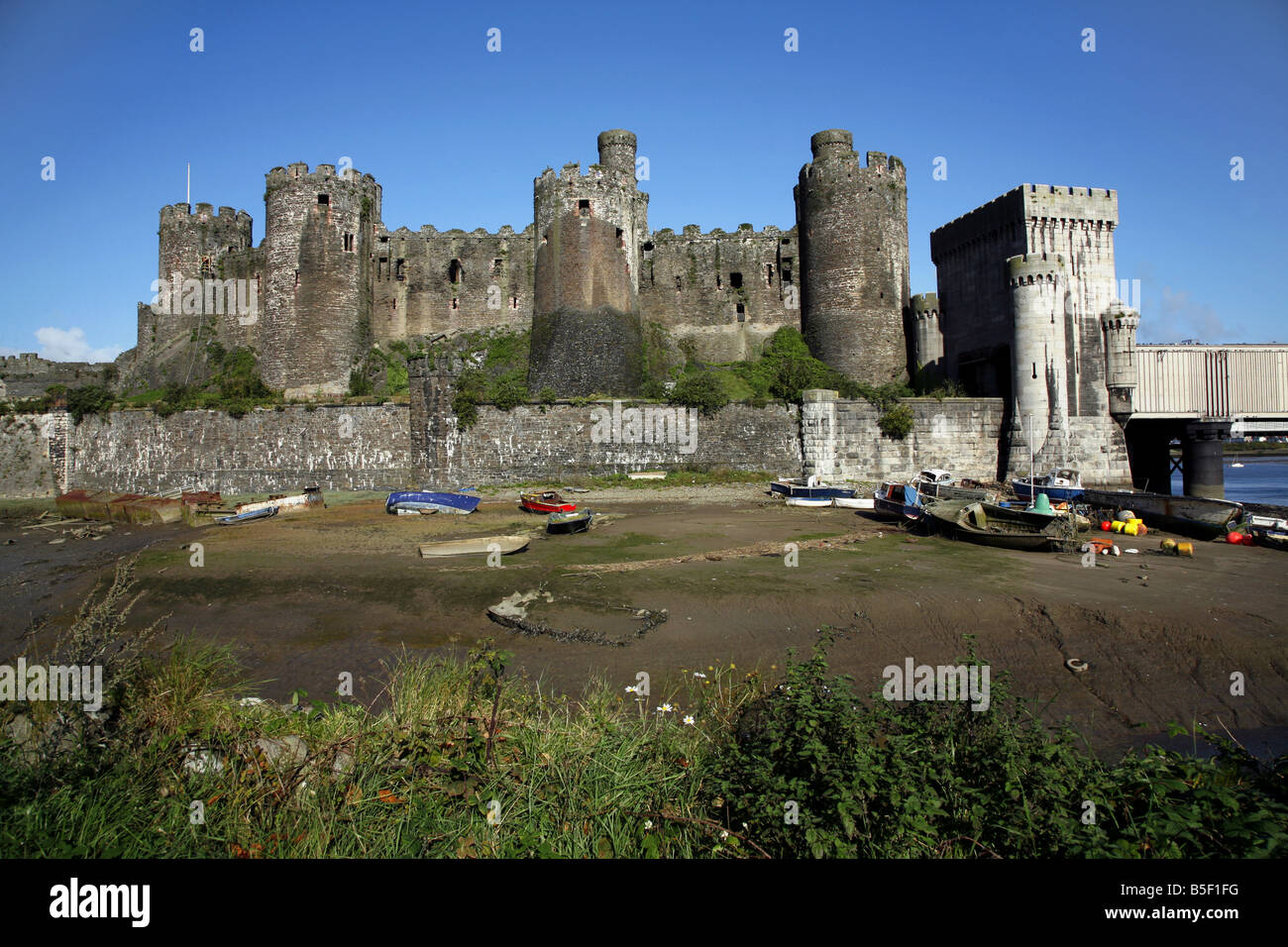 Massive Conwy Castle, built by King Edward 1st, at defensive point ...
