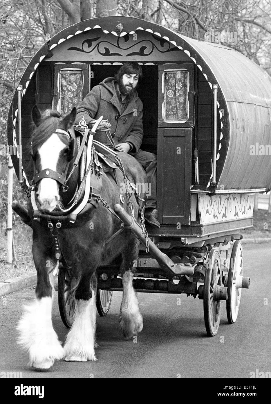 Desmond Eastwood with a Tinker caravan and one of the Clydesdale horses ...
