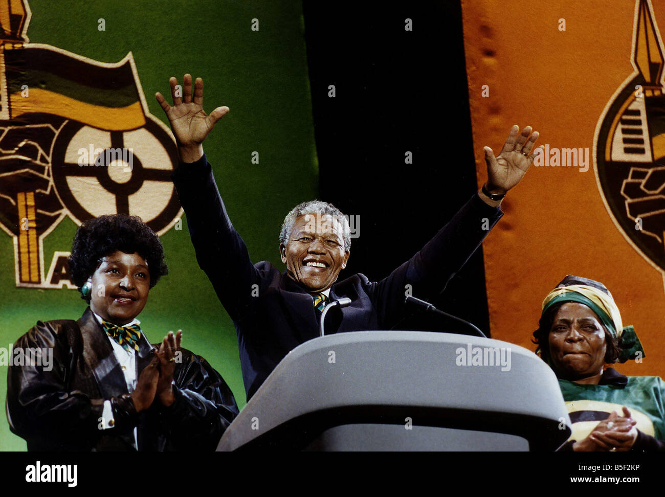 Nelson Mandela ANC President of South Africa at Wembley with his wife ...