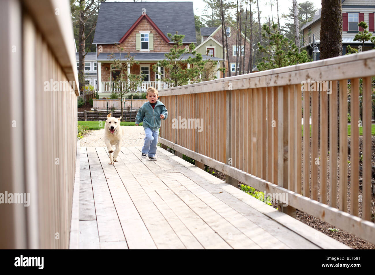 Boy and dog running across bridge Stock Photo - Alamy
