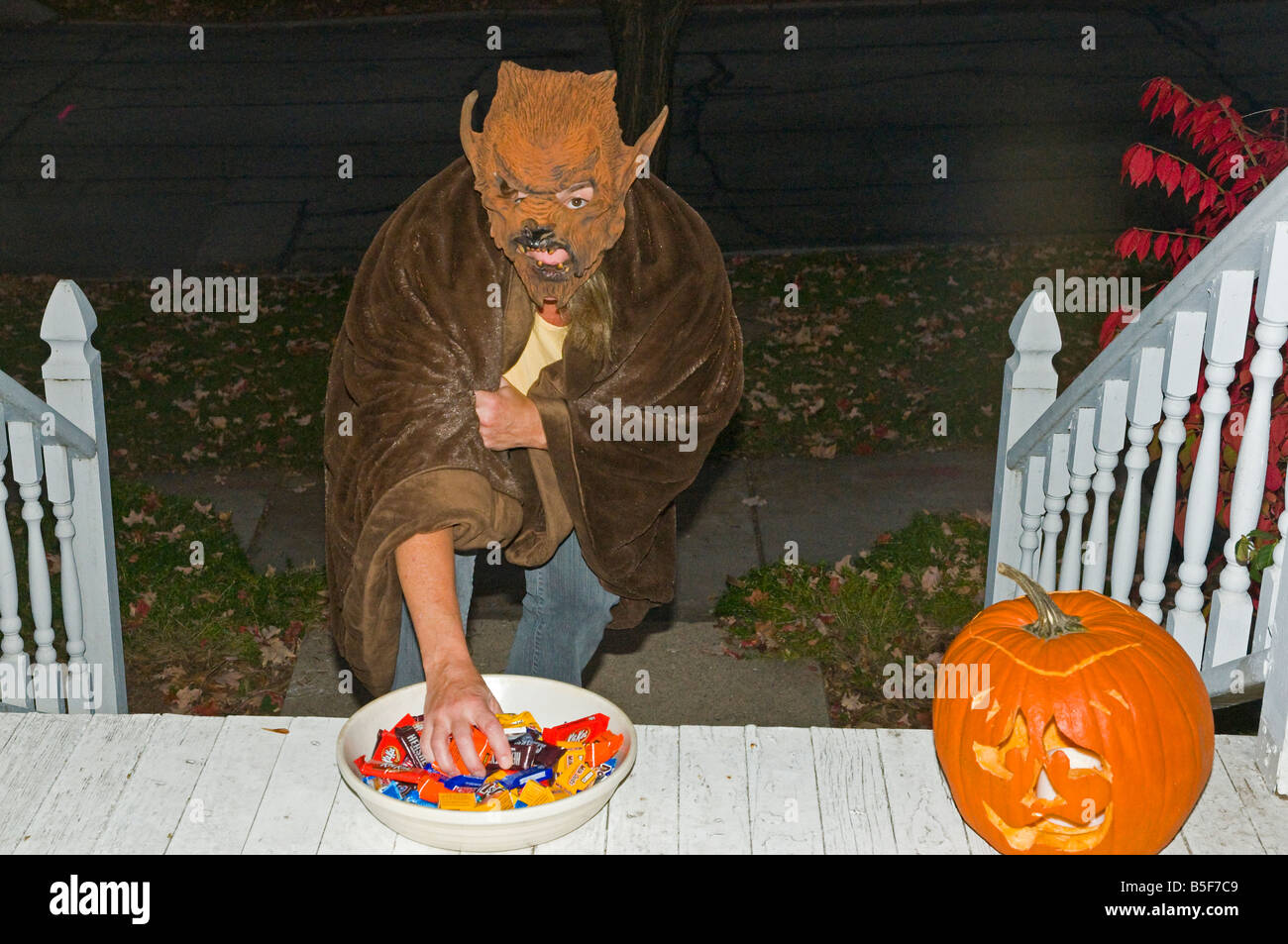 Werewolf taking candy with carved pumpkin on Halloween front porch ...