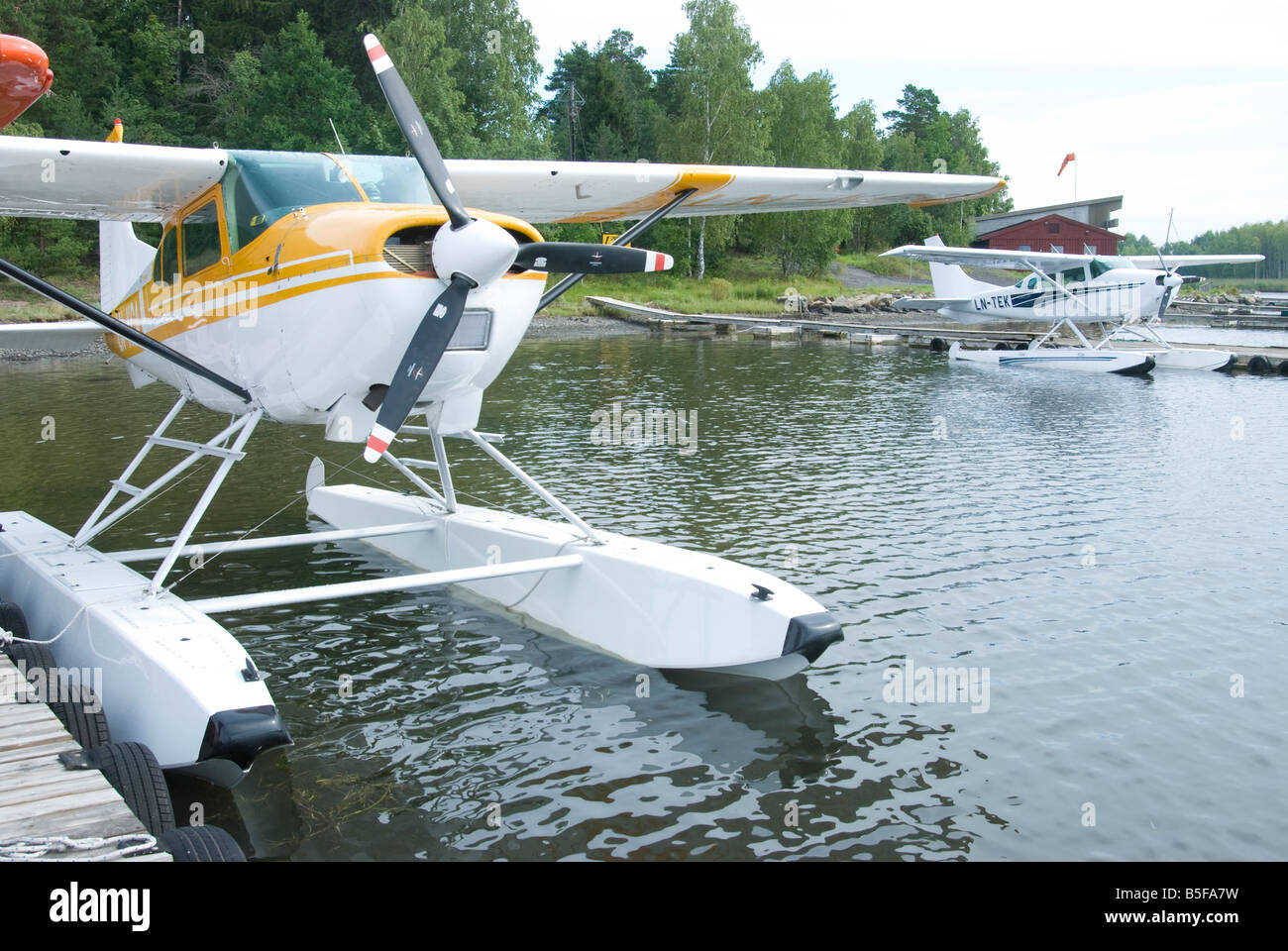 Two seaplanes a white and yellow Cessna 172 Skyhawk and a white Cessna ...