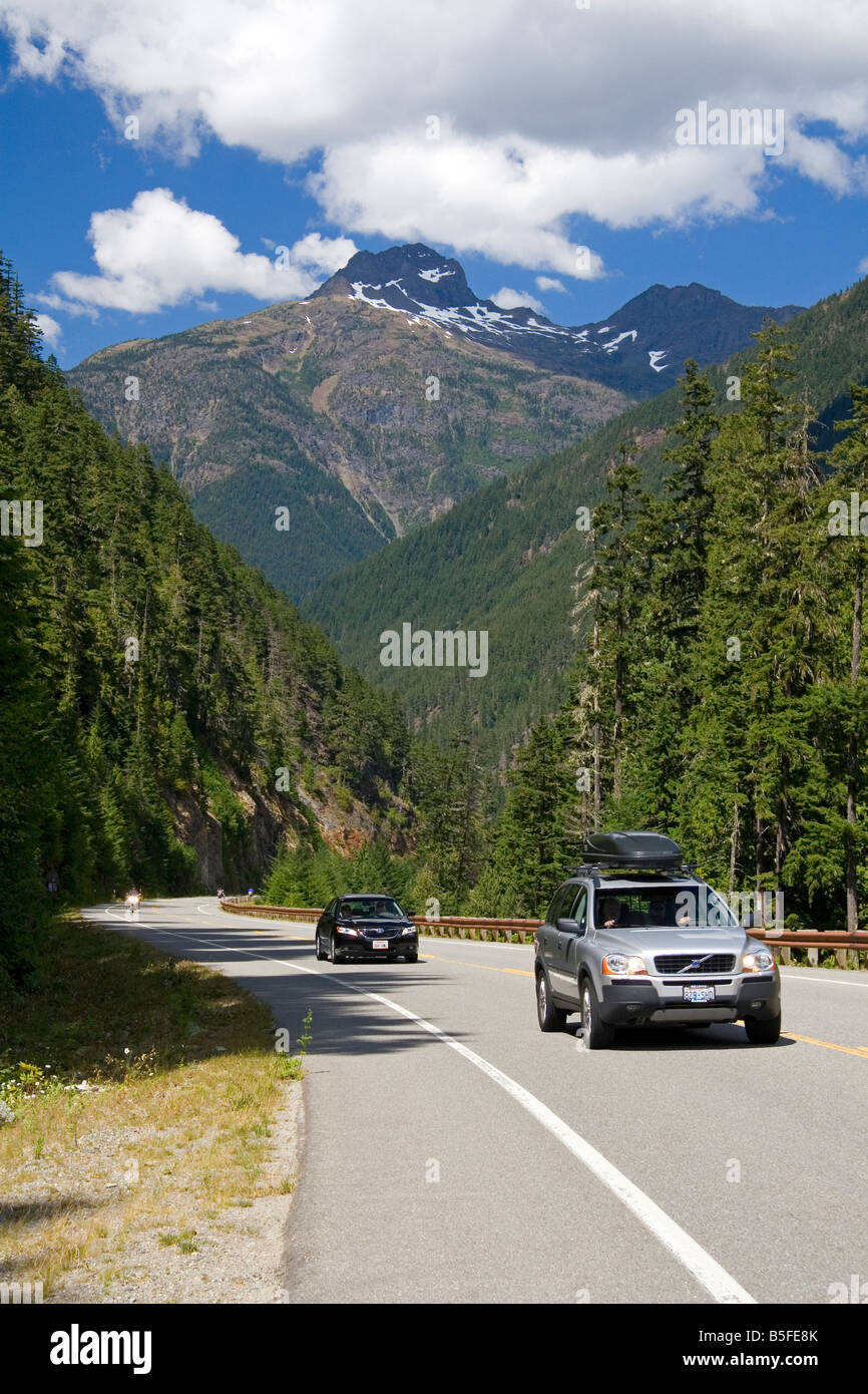 Automobiles travel on Washington State Highway 20 in the North Cascade ...