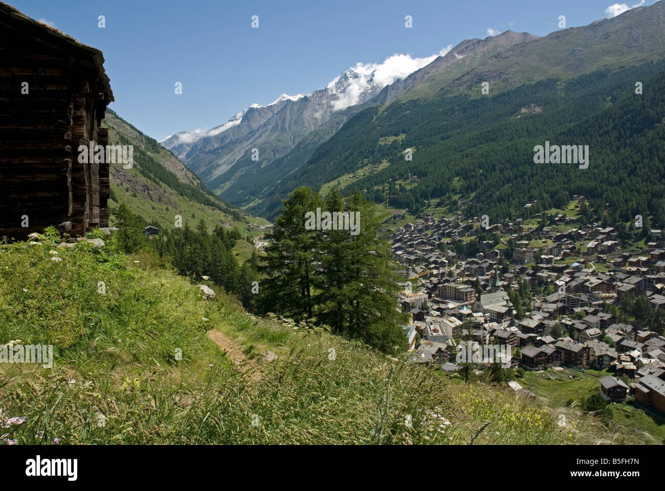 Zermatt, Switzerland, looking down in the Vispa valley from the ...