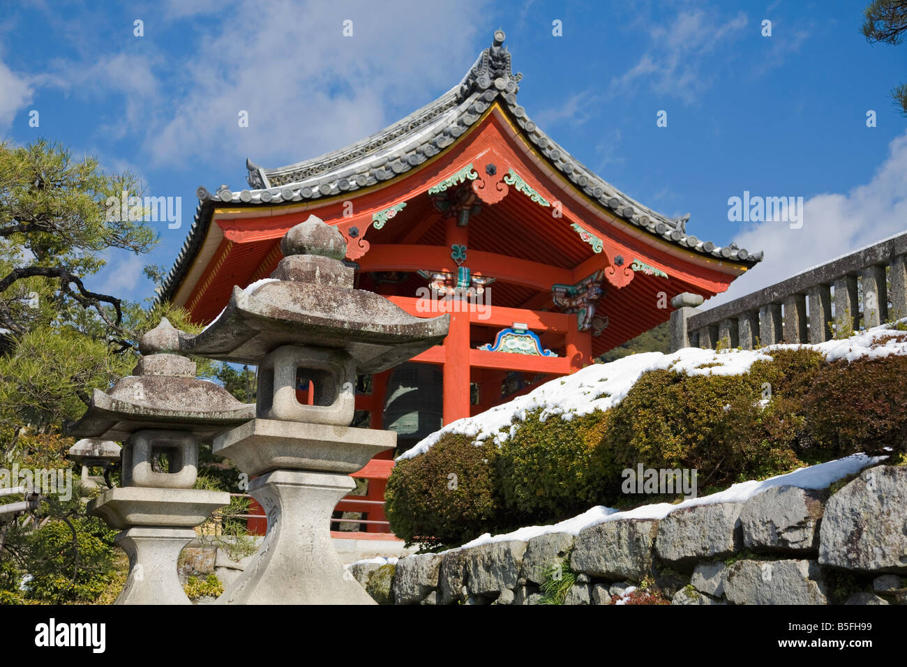 Kyoto City Japan Kiyomizu Temple stone lanterns with temple bell tower ...