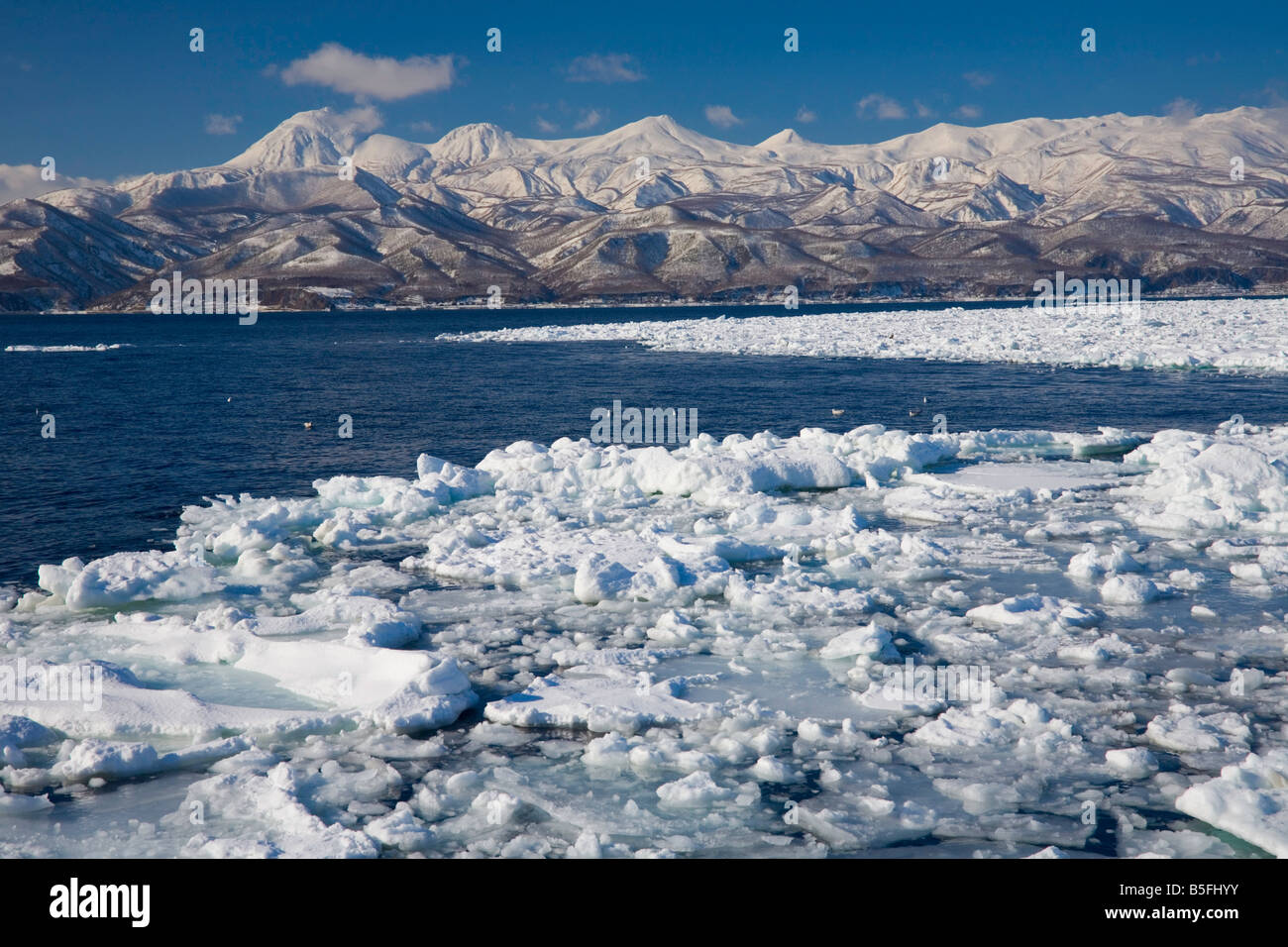 Hokkaido Japan: Ice floes in the Strait of Nemuro with the snow covered ...
