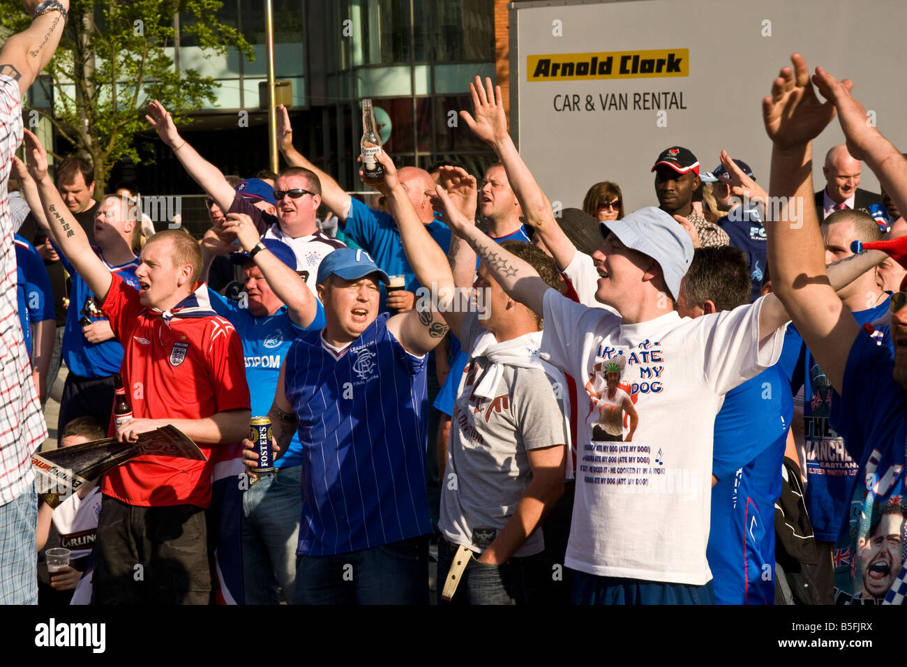 Scottish Rangers Supporters gather on Piccadilly gardens in Manchester ...