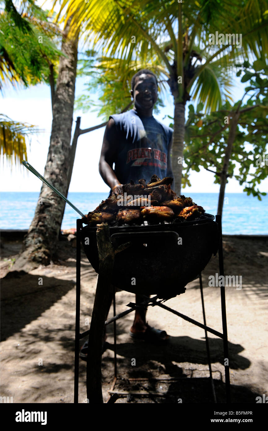 A MAN COOKS SPICY CHICKEN ON A BARBECUE IN THE SHADE BENEATH A TREE ON ...