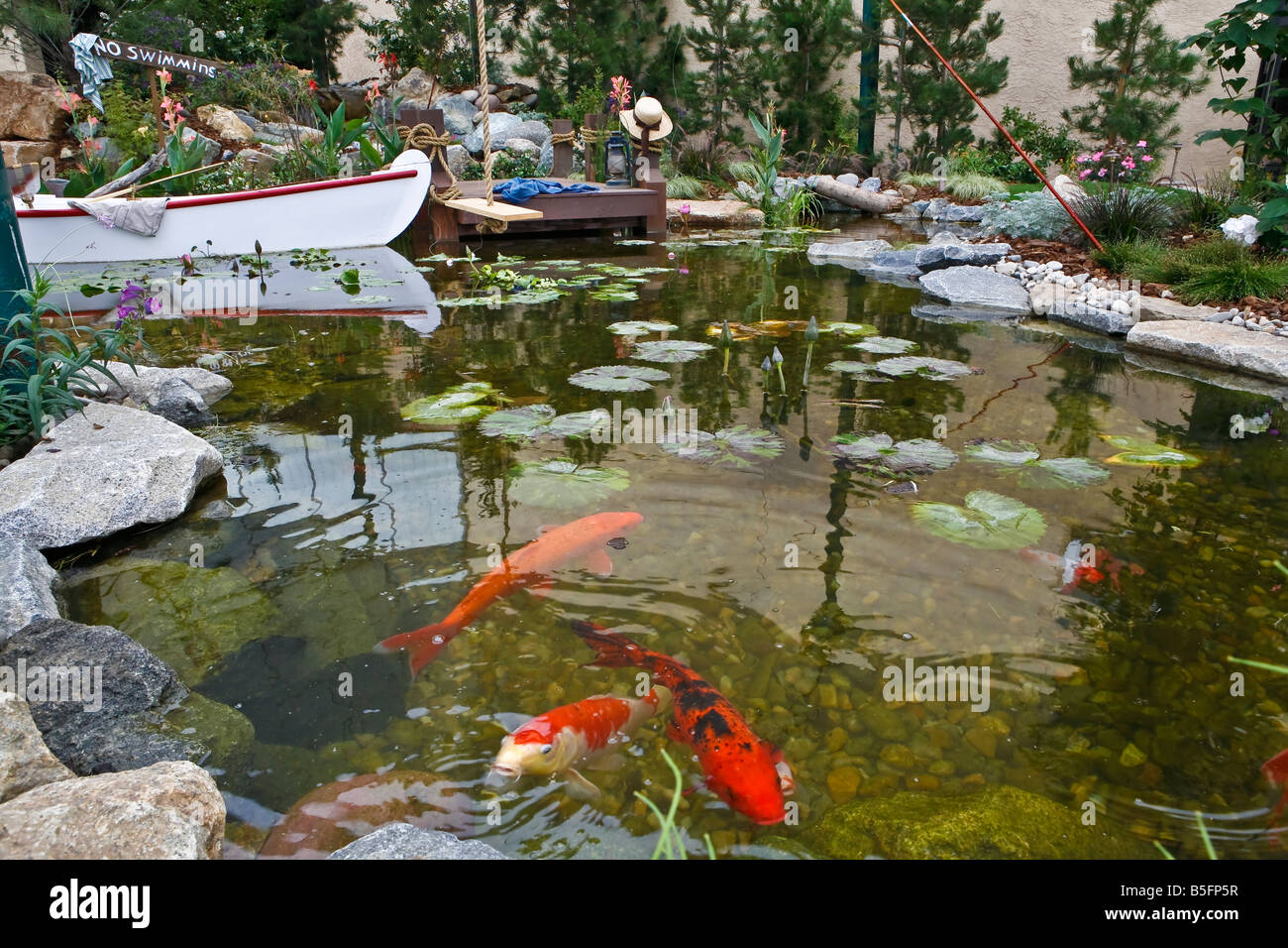 Fish pond theme landscape at the San Diego County Fair in Del Mar CA US ...