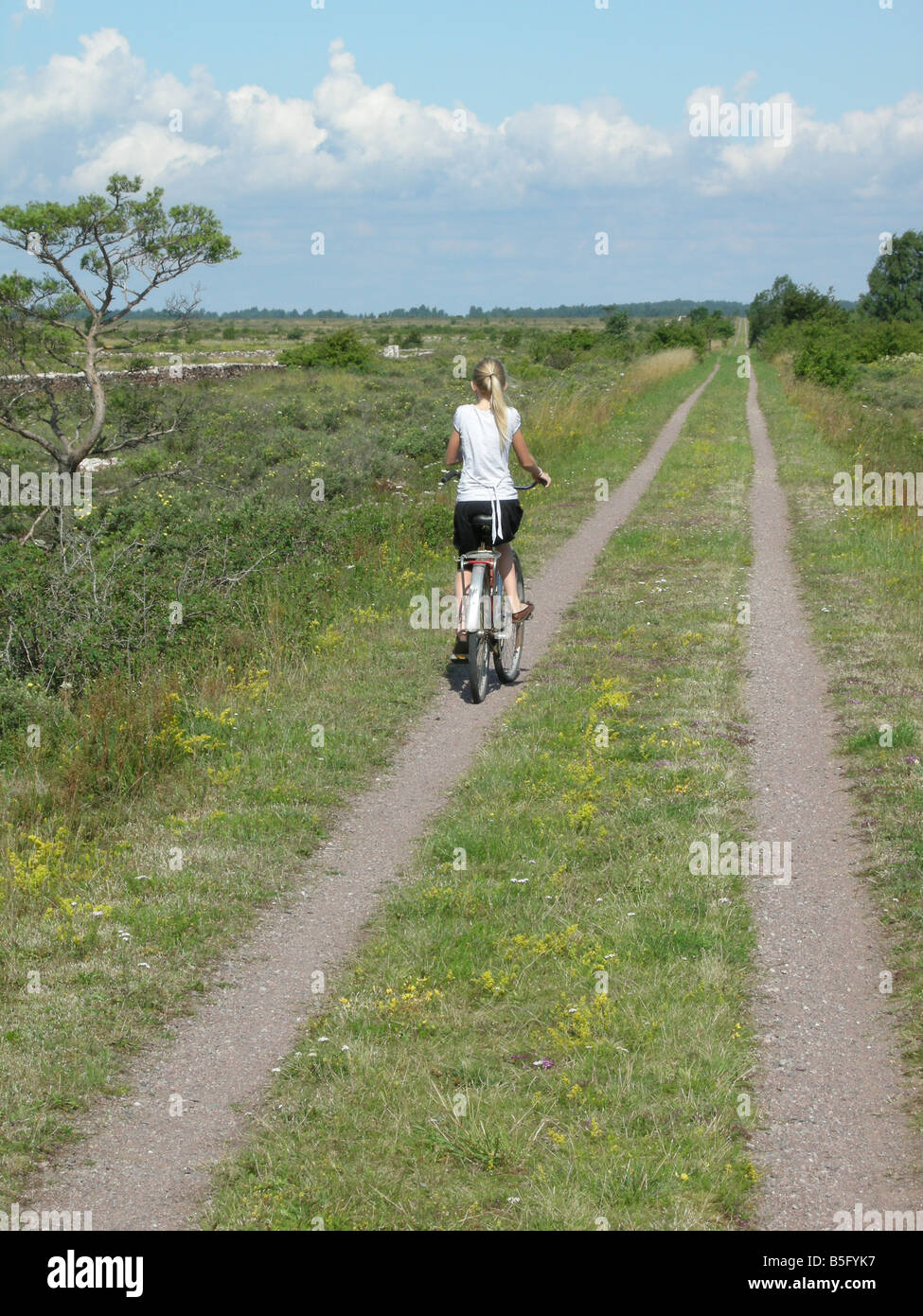 Girl riding a bicycle on a straight road Stock Photo - Alamy