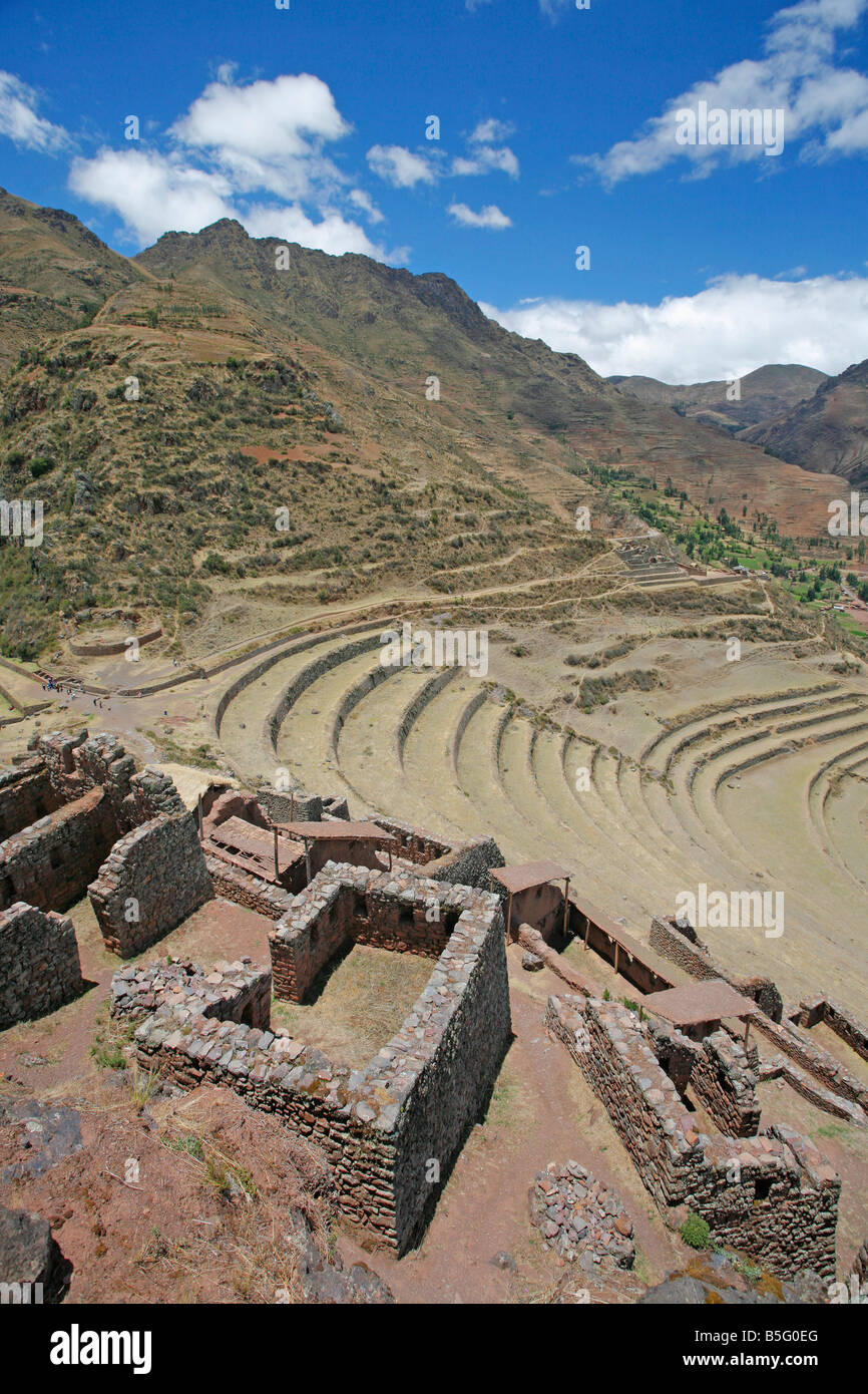 The ruins of Pisac or Pizac in the Sacred Valley of Peru, close to ...